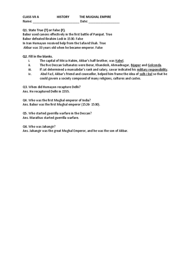 Class 7 Mughal Empire Quiz and Notes | PDF | History | Religion ...