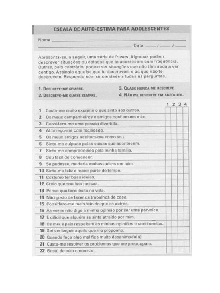 Escala de Autoestima para Adolescente | PDF
