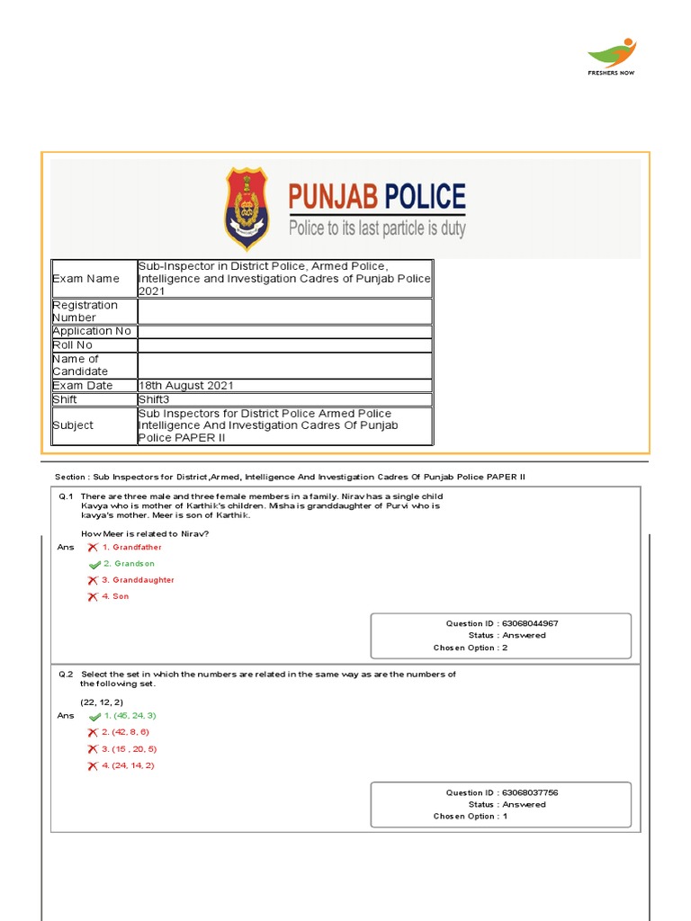 Punjab Police SI Intelligence Officer Previous Papers | PDF | Lawsuit ...
