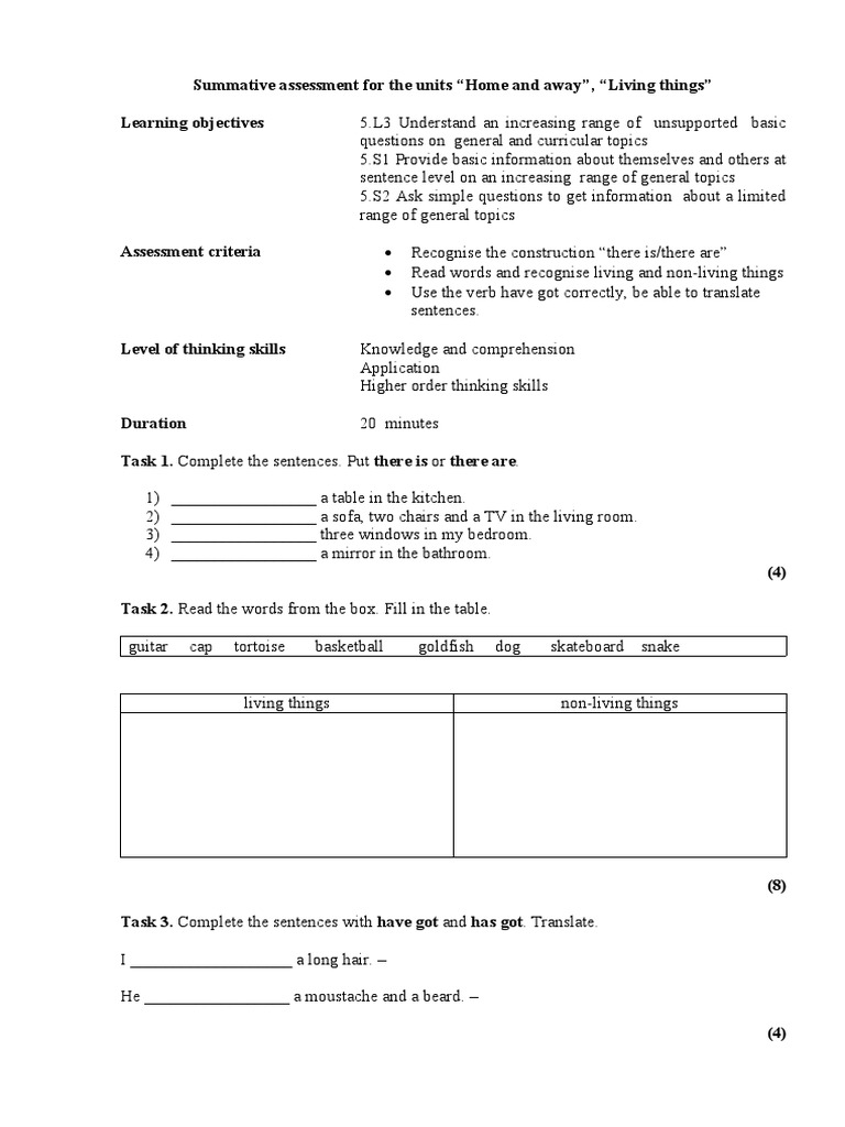 Summative Assessment: Home and Away 5th Grade | PDF | Cognition ...
