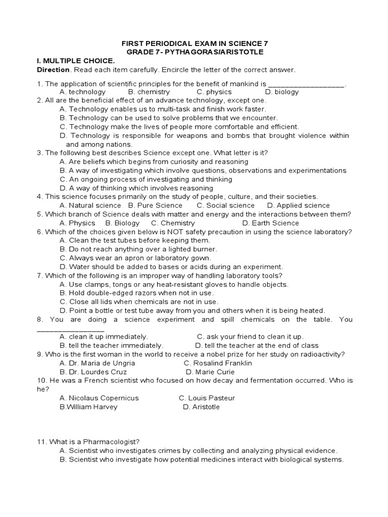 Science Exam Questions Covering Pythagoras, Aristotle & Key Concepts ...