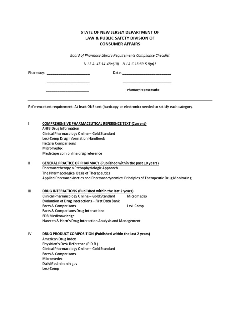 Pharmacy Library Compliance Checklist | PDF | Pharmacology | Pharmacy