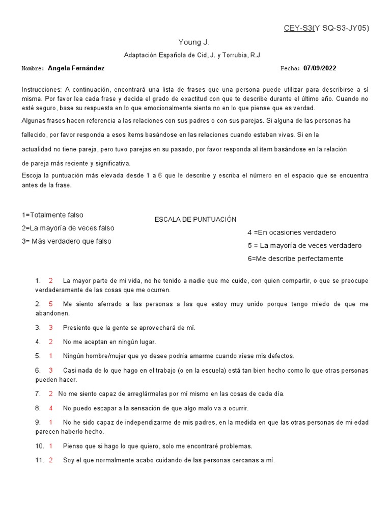 B) Cuestionario de Esquemas 2016 J Young | PDF