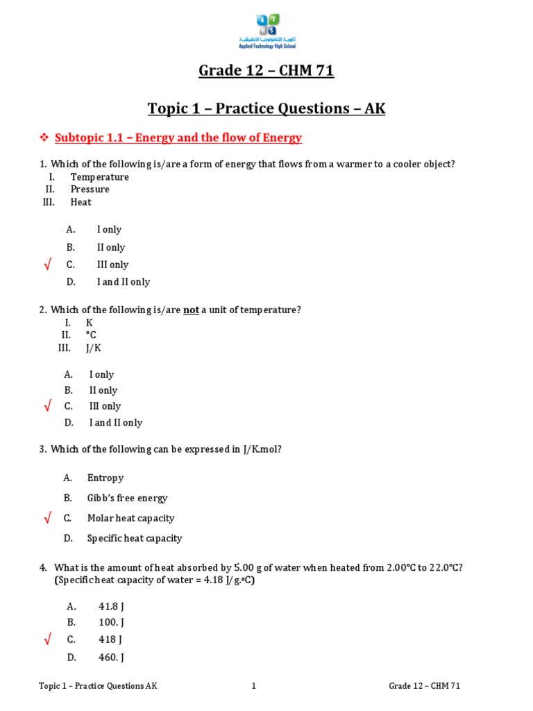 G12 Chemistry Adv-Topic 1-Practice Questions AK (AY 20-21) | PDF | Chemical Reactions | Heat