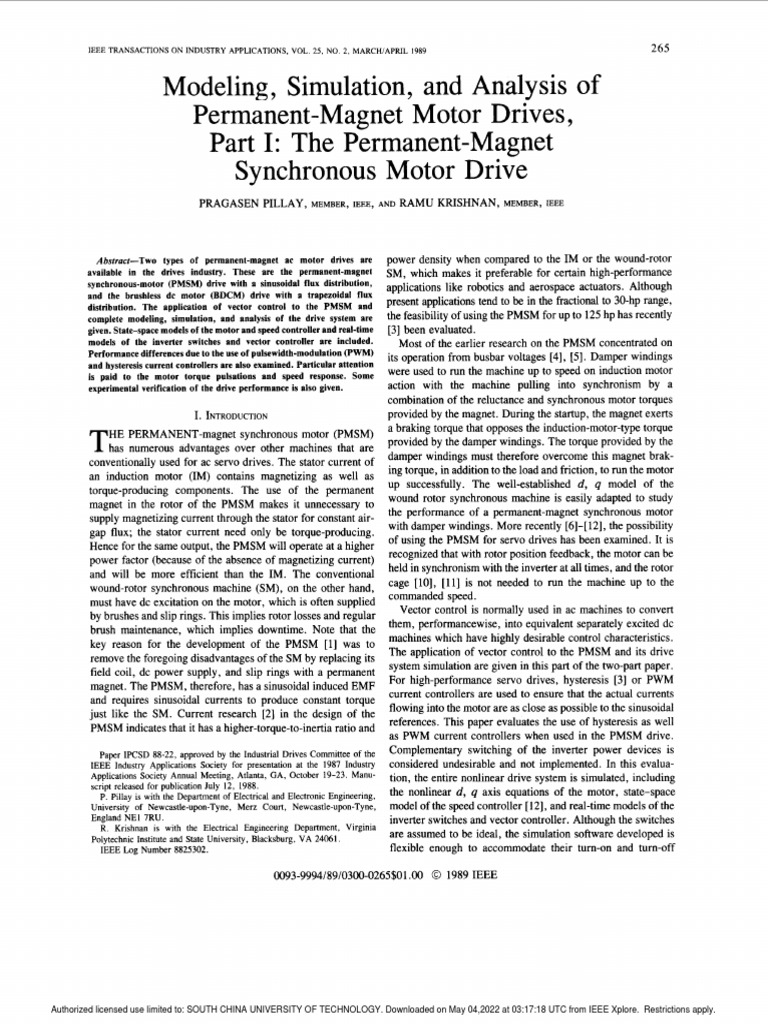 Modeling Simulation and Analysis of Permanent-Magnet Motor Drives. I. The Permanent-Magnet ...