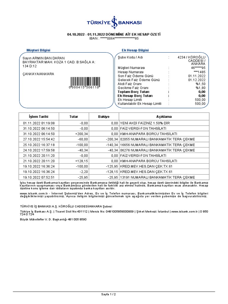 4234xxx1485 46xxxxx95 20221102 EkHesap-2 | PDF