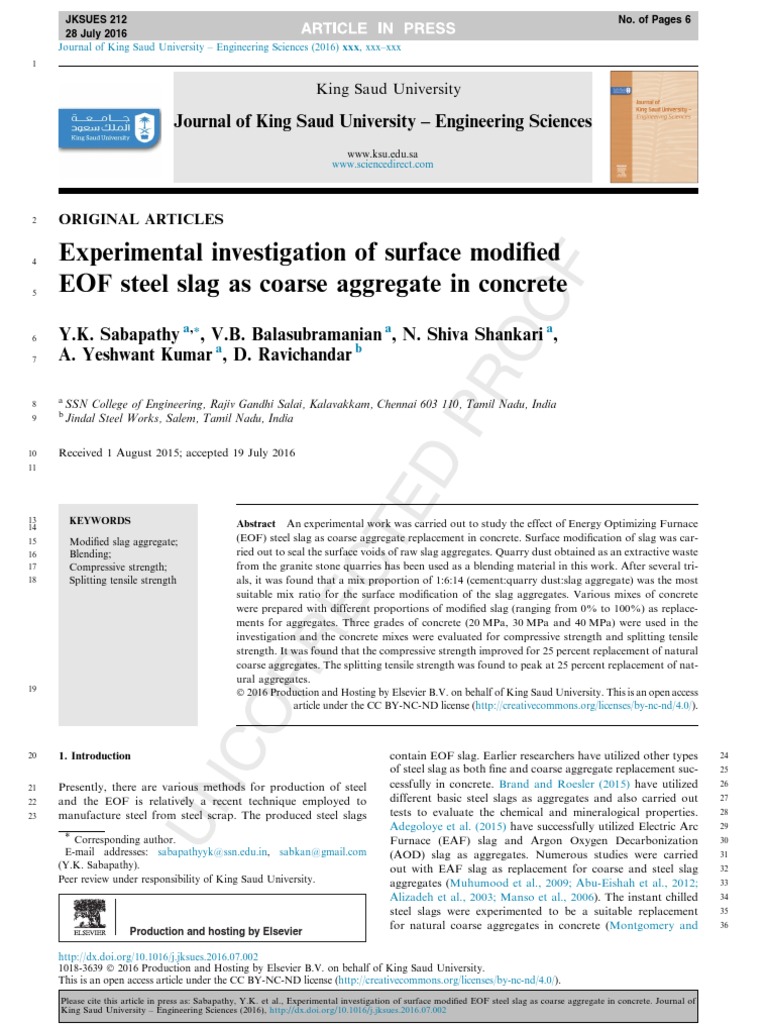 Experimental Investigation of Surface Modified Eof Steel Slag As Coarse Aggregate in Concrete ...