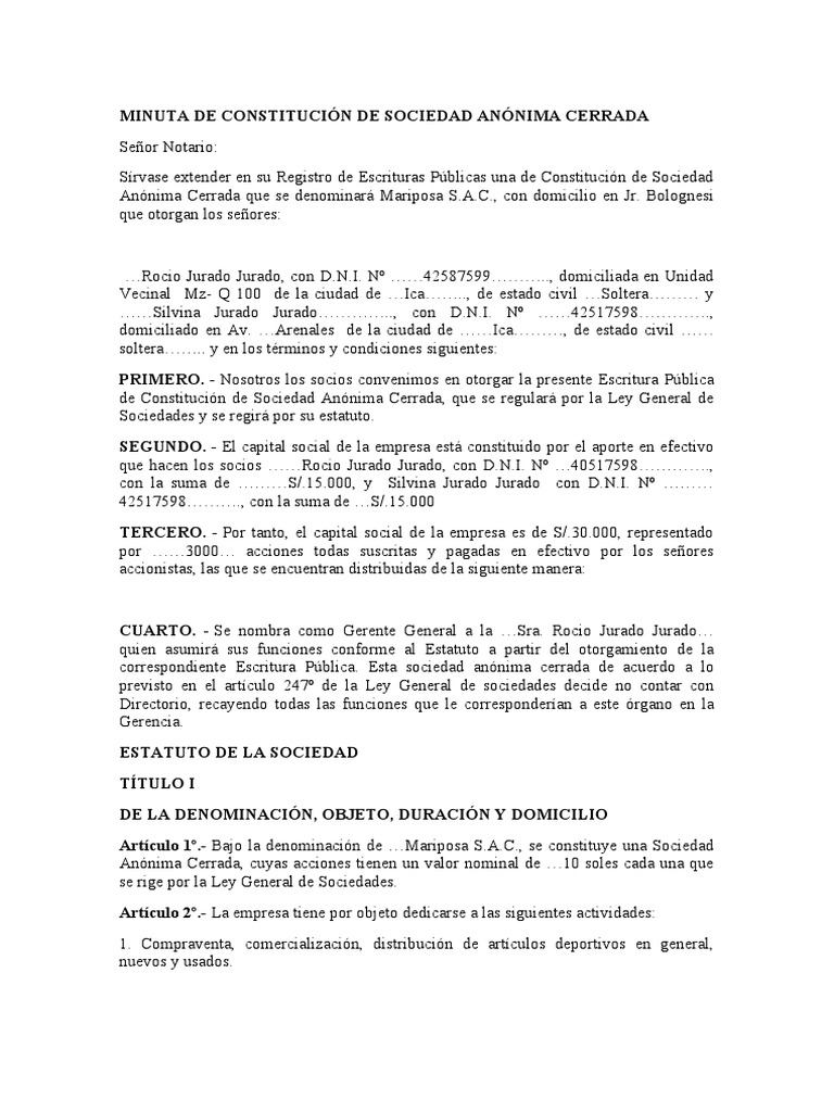 Minuta de Constitución de Sociedad Anónima Cerrada Rocio | PDF | Bancos | Compartir (Finanzas)