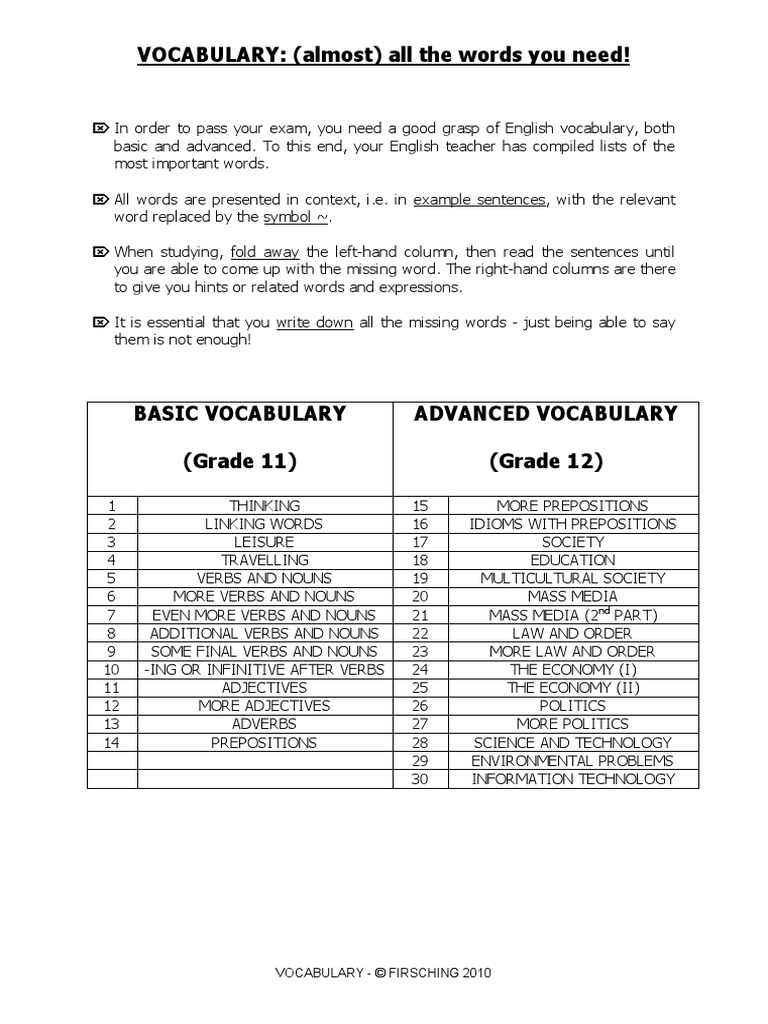 Vocab Advanced 2010 | PDF | Verb | Schools
