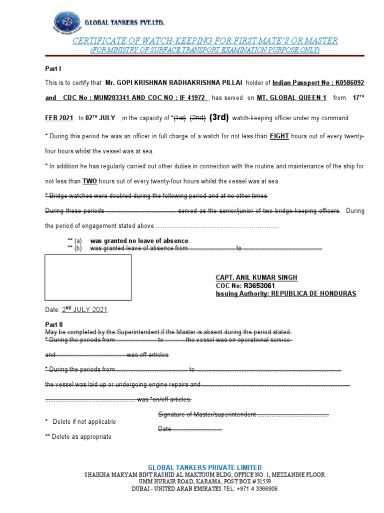 Certificate of Watchkeeping (Deck) | Download Free PDF | Watercraft ...