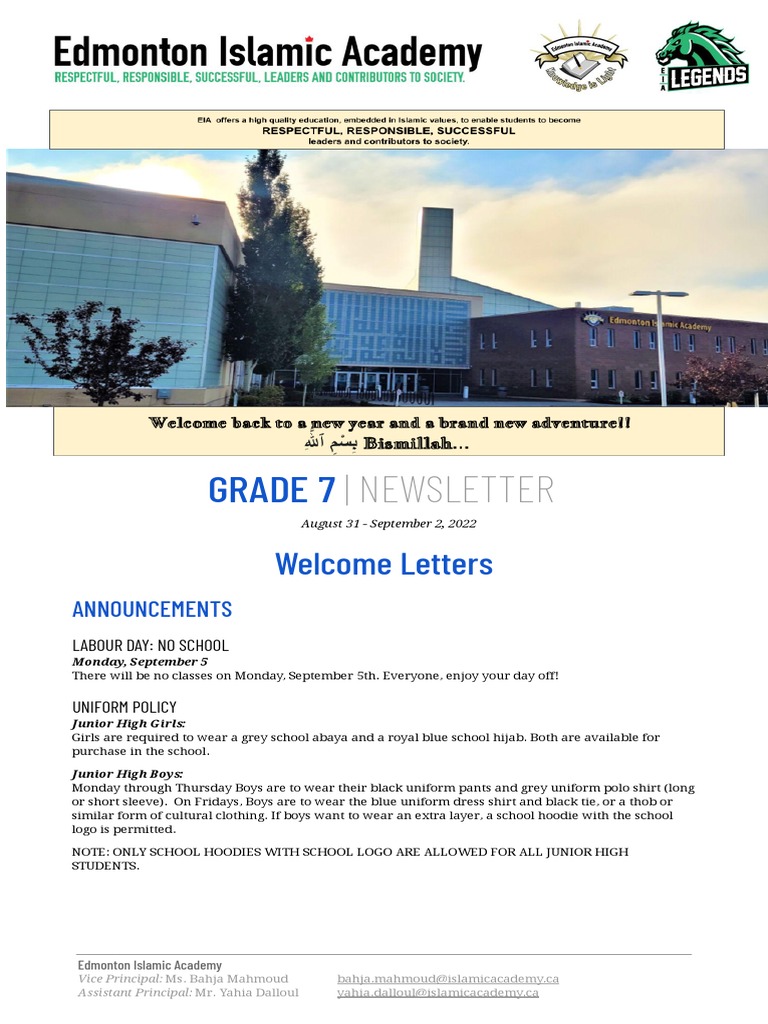 Welcome Letter Newsletter-Gr7-2022!08!31 | PDF | Teachers | Schools