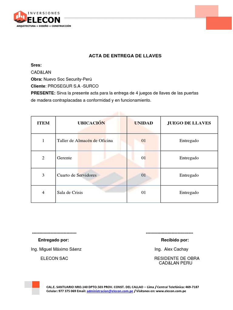 Acta de Entrega de Llaves | PDF