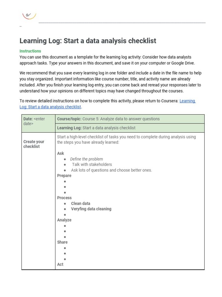 23 - 09 - 2022 Learning Log Template - Start A Data Analysis Checklist | PDF