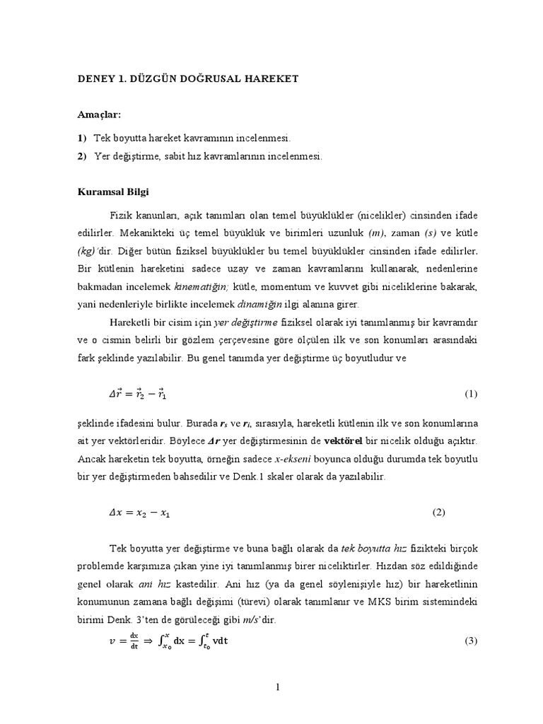 Deney 1 Duzgun Dogrusal Hareket 02102017 | PDF