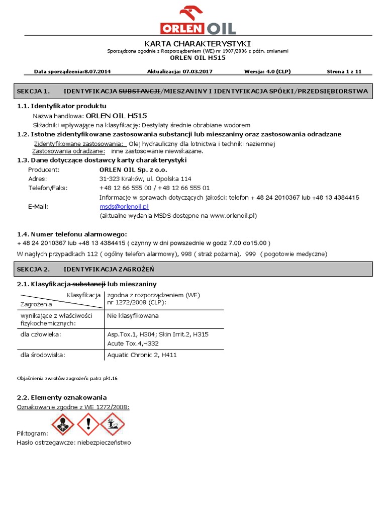 Orlen Oil H515: Karta Charakterystyki | PDF