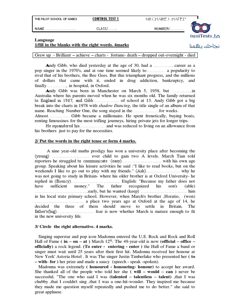 Devoir - de - Controle - N1-1ere - Annee Secondaire-Anglais - MR Hafedh ...