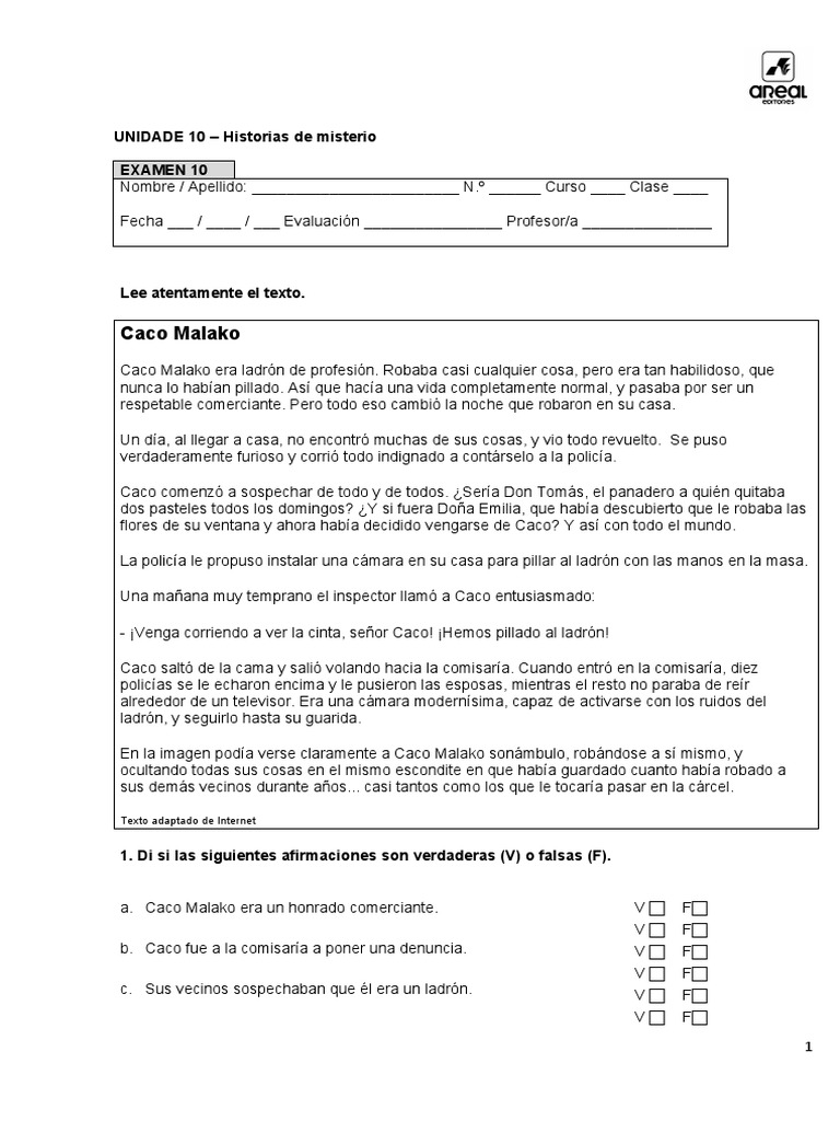 Caco Malako: UNIDADE 10 - Historias de Misterio Examen 10 | PDF