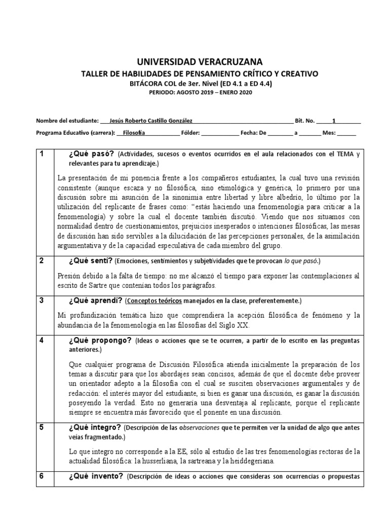 Act03 Formato de Bitacora COL de Tercer Nivel | PDF | Teorías filosóficas | Sicología