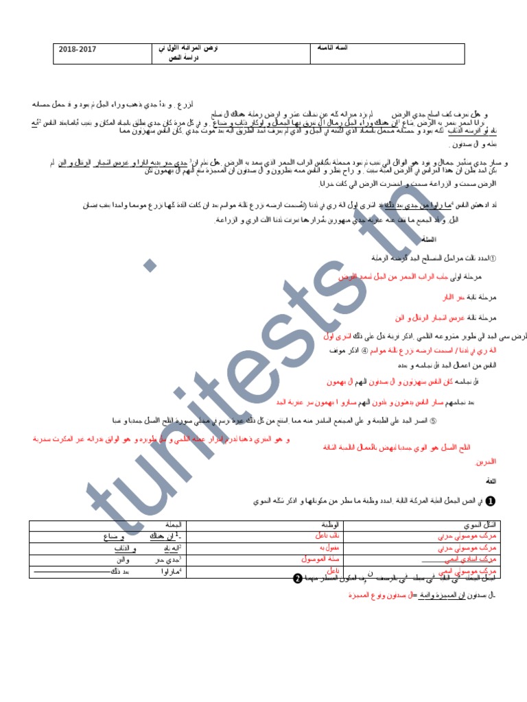 Devoir Corrige de Controle n1-8eme Annee de Base-Arabe-دراسة النص | PDF