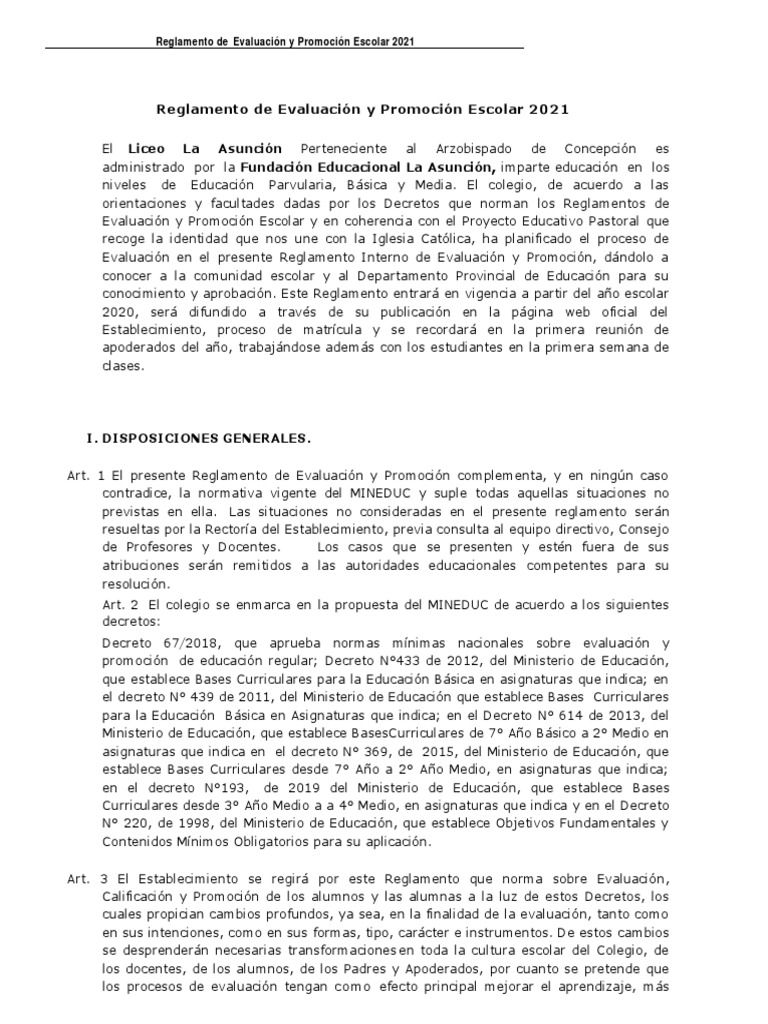 1 - Reglamento de Evaluacion y Promocion 2021 | PDF