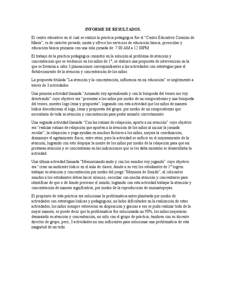 Informe de Resultados | PDF | Educación de la primera infancia ...