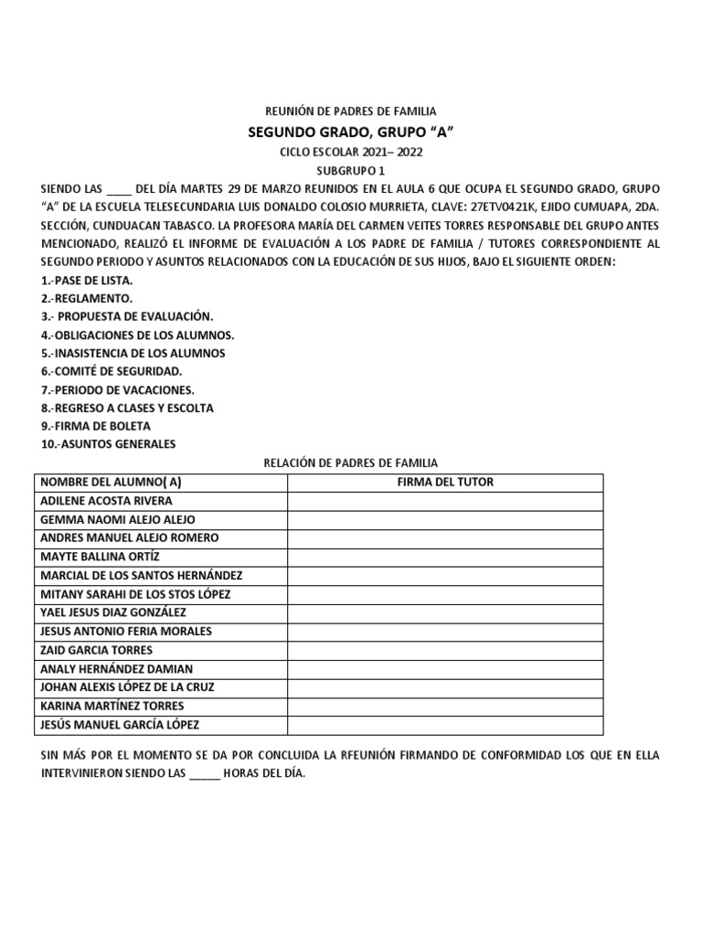Reunión de Padres de Familia Segundo Periodo | PDF