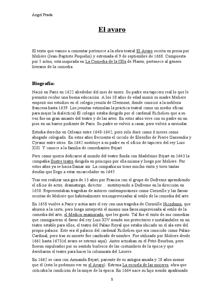 Molière: Autor de "El Avaro" y su legado | PDF | Molière | Santo ...