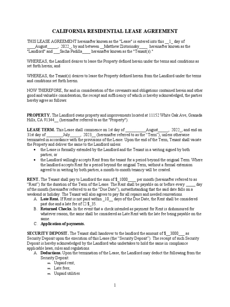 Standard California Residential Lease Agreement Template | PDF ...