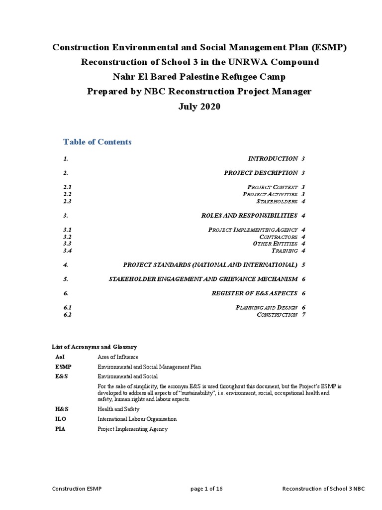 Construction Environmental and Social Management Plan (ESMP) NBC School ...