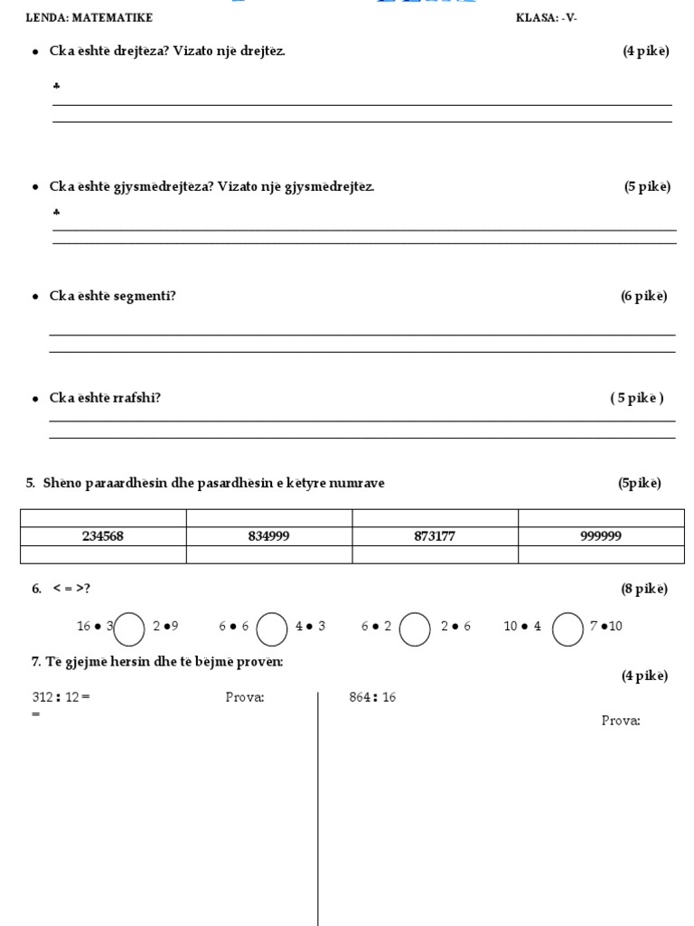 Test Nga Lenda e Matematikes Klasa V 2 | PDF