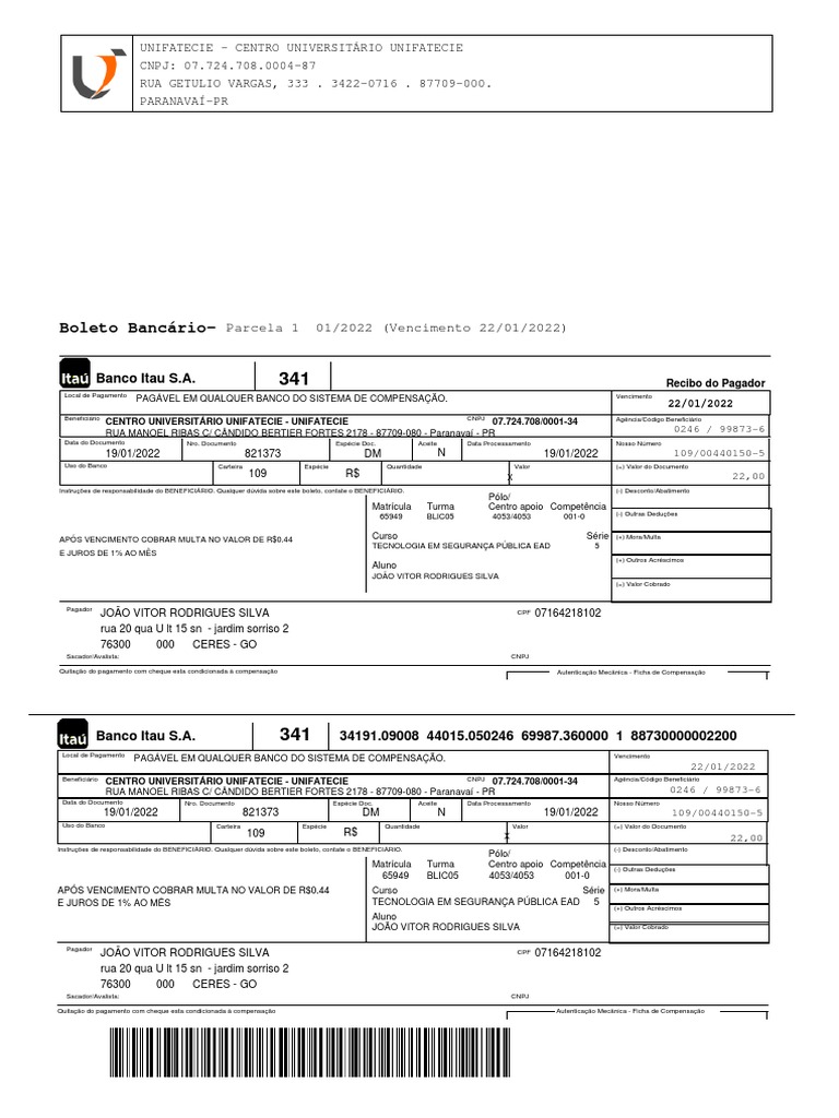 Boleto bancário referente à primeira parcela da mensalidade do curso de ...