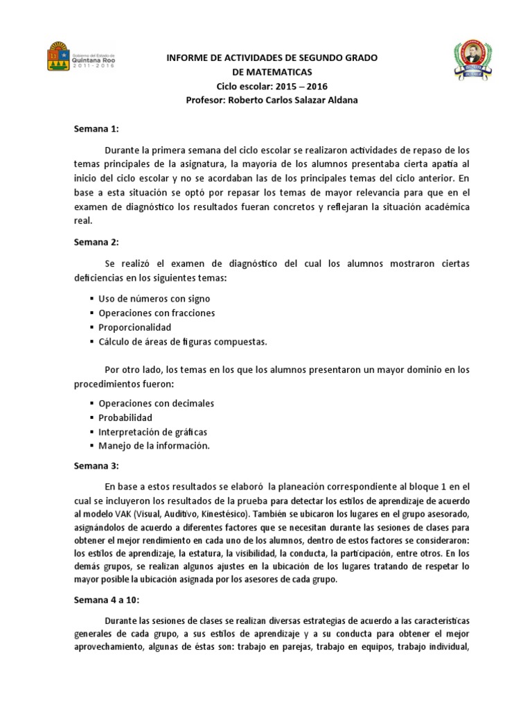 Informe de Actividades de Segundo Grado de Matematicas | PDF ...