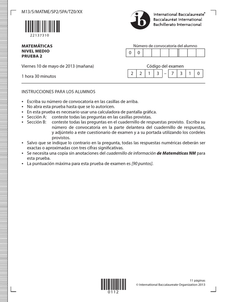 Mathematics Paper 2 TZ2 SL Spanish | PDF | Prueba (evaluación) | Matemática Elemental