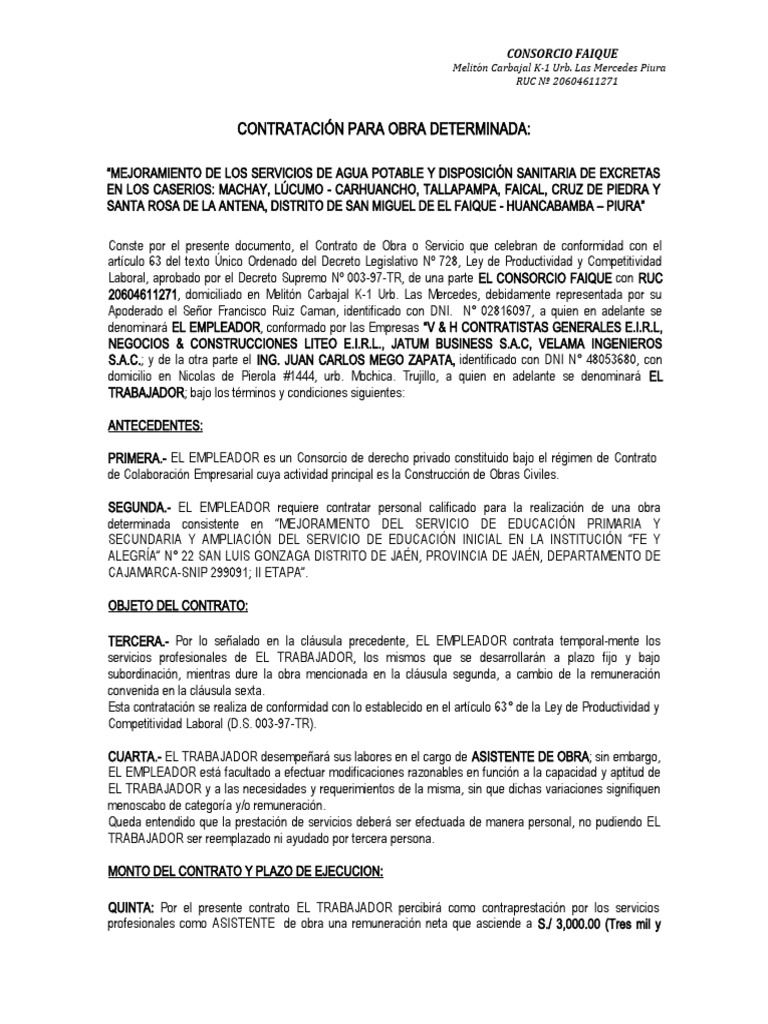 Contratación Ing Asistente Juan Carlos Mego | PDF | Salario | Derecho ...