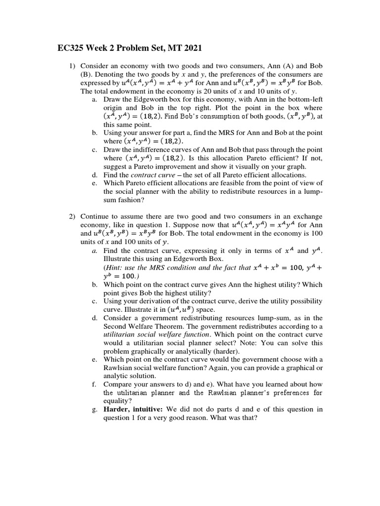 EC325 Week 2 Problem Set | PDF | Economic Theories | Welfare Economics