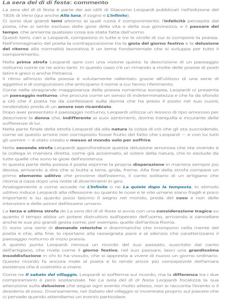 "La Sera Del Dì Di Festa" Di Leopardi Parafrasi e Analisi Del Testo | PDF