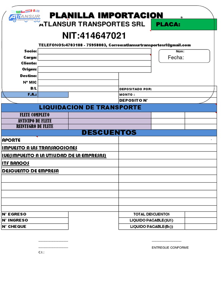 Planilla Importacion Pdf