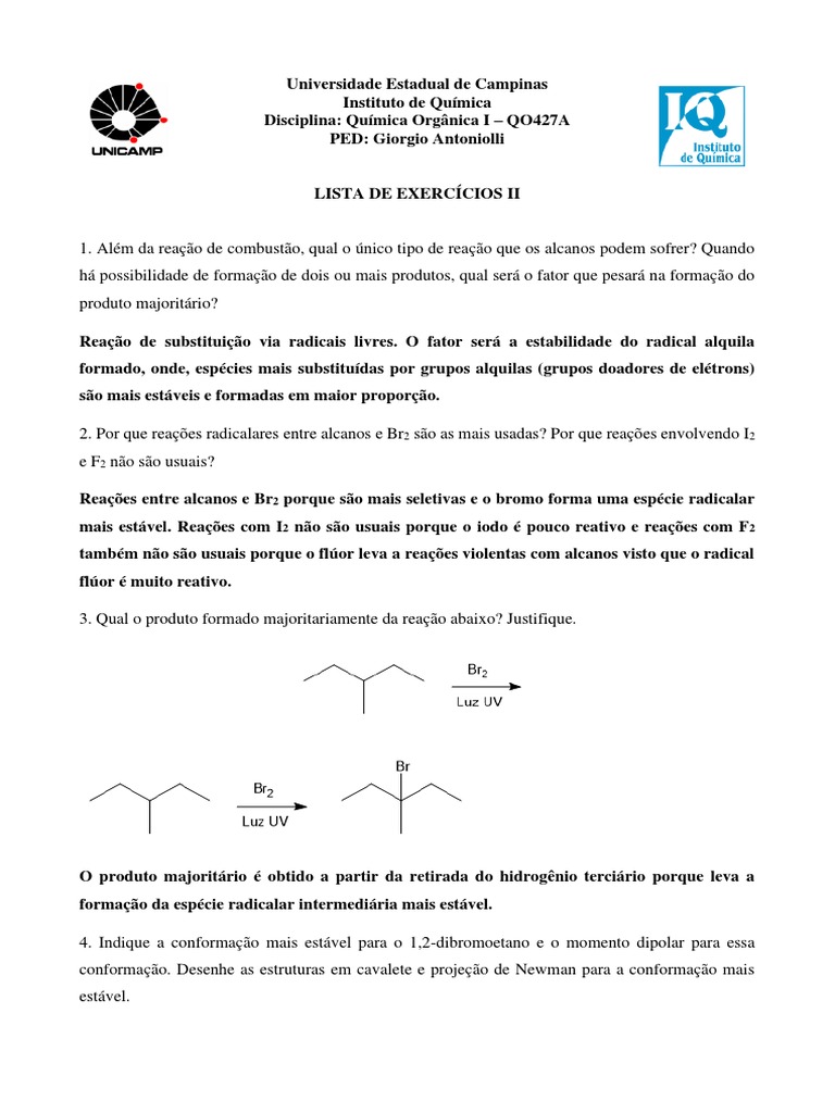 Lista de Exercícios II Gabarito | PDF | Isomerismo conformacional | Estereoquímica