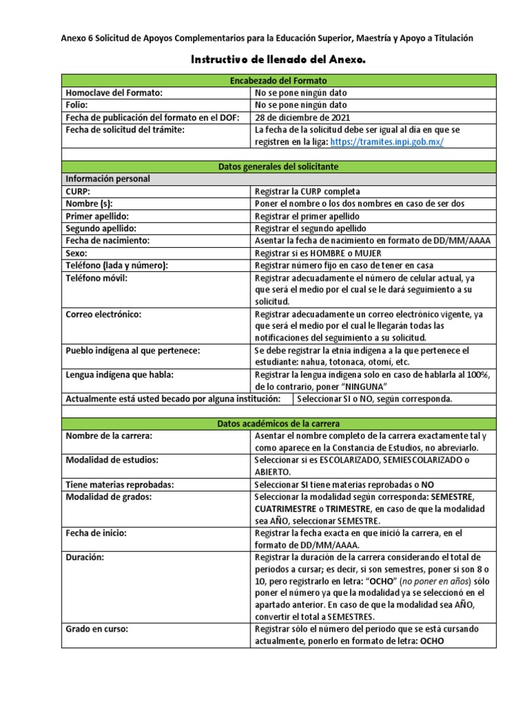 Instructivo de Llenado Anexo 6 | PDF