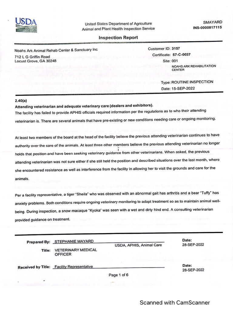 USDA Report On Noah's Ark Animal Sanctuary | PDF