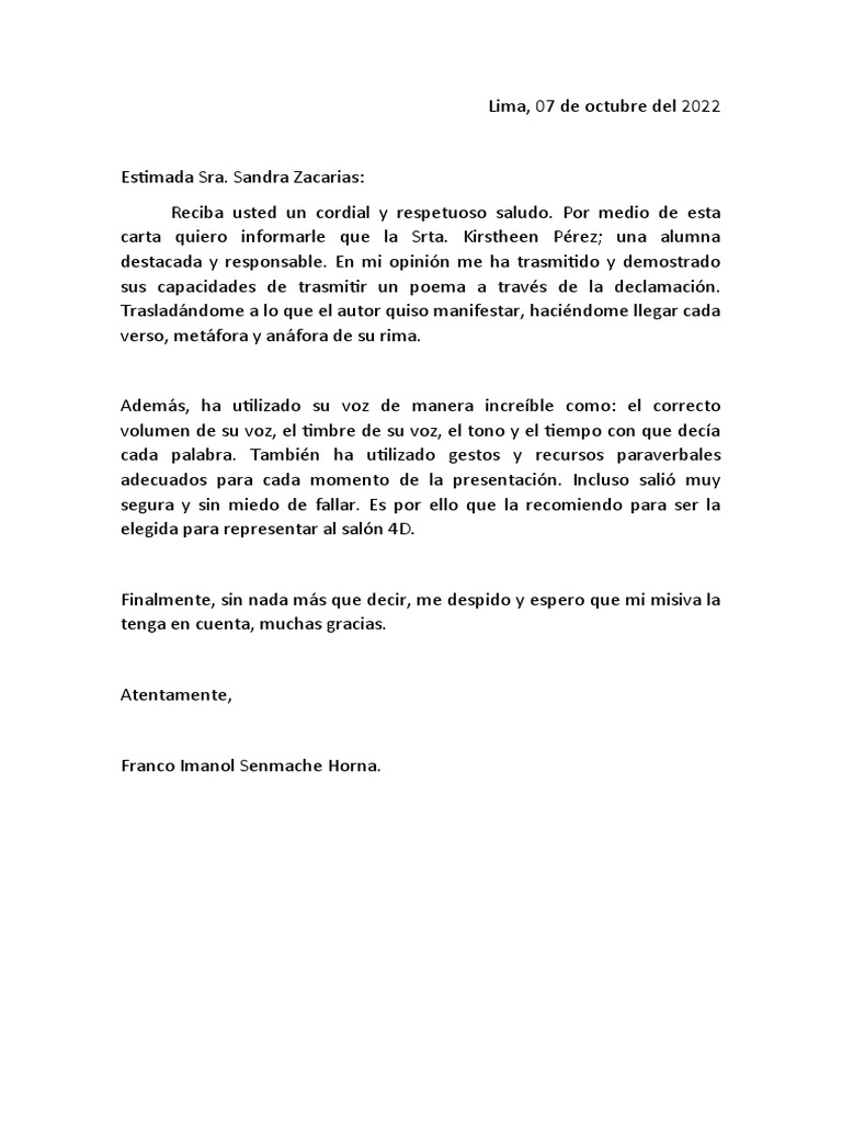 Ejemplo de Carta de Recomendación Escolar | PDF