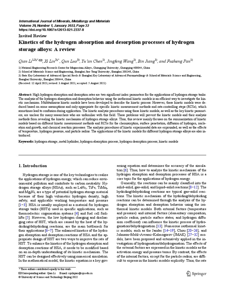 Kinetics of The Hydrogen Absorption and Desorption Processes of ...