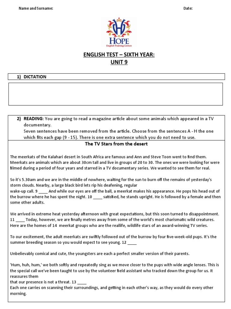 Sixth Year - MAXI TEST 8 | PDF | Meerkat