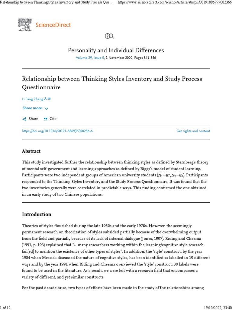 Relationship Between Thinking Styles Inventory and Study Process Questionnaire - ScienceDirect ...