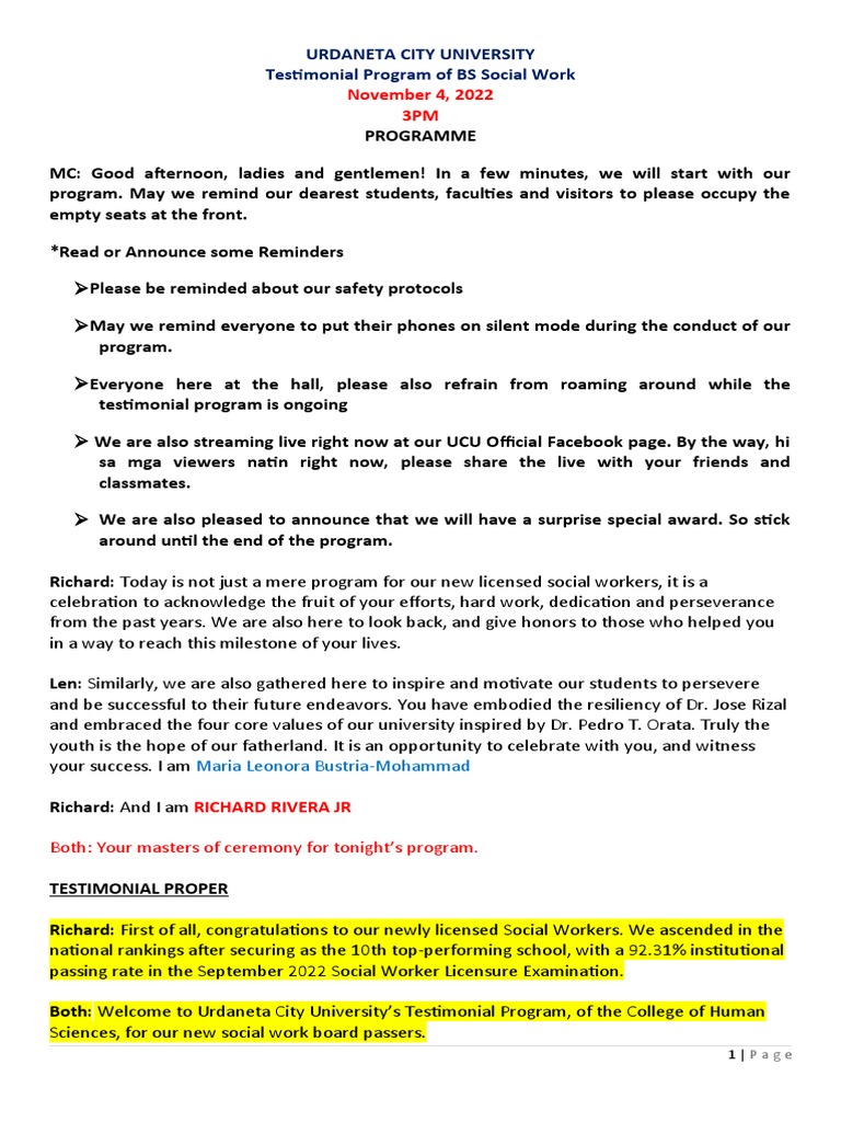 Testimonial Program for Social Work Passers | PDF