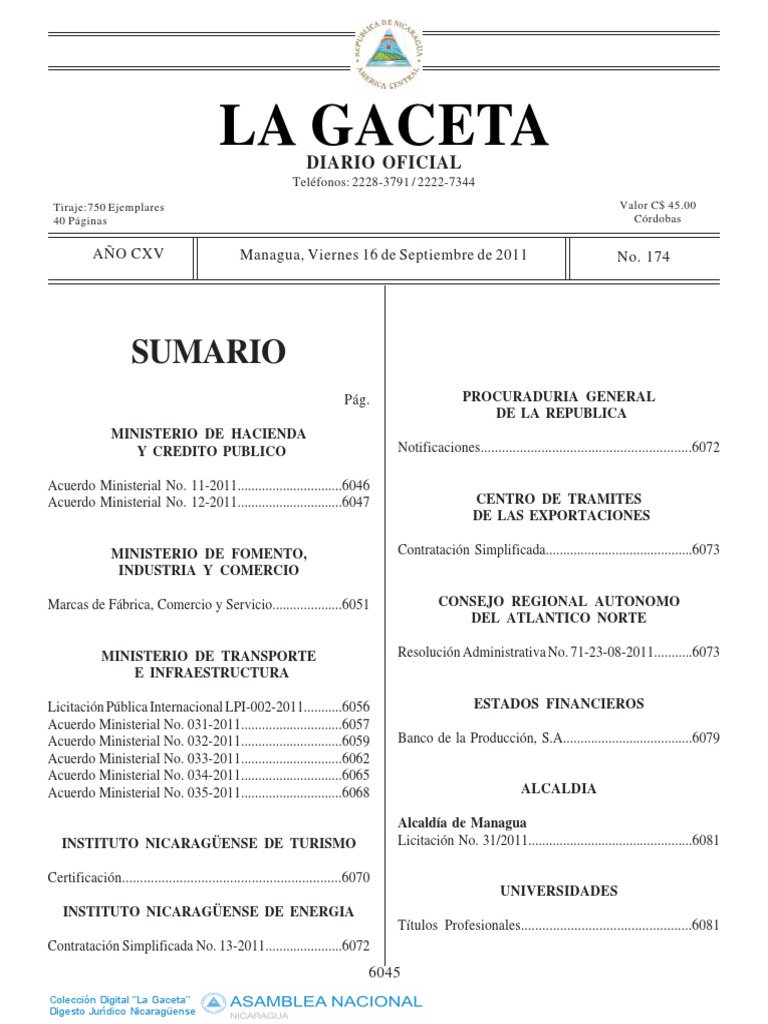 Gacet 16 Septiembre 2011 - Acuerdo Misniterial | PDF | Nicaragua ...