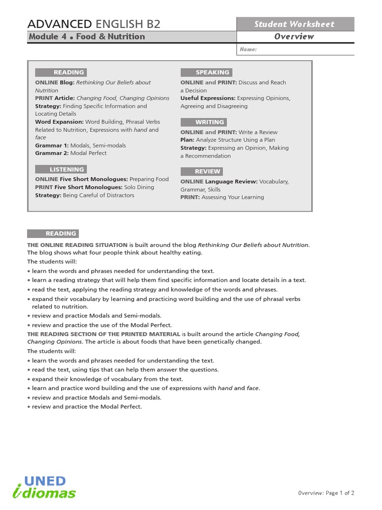 AdvEng B2 M04 Teacher Overview | PDF | Vocabulary | Restaurants