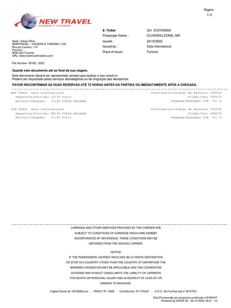 E-Ticket 331 6727035903 fornece detalhes de viagem de ida e volta entre Porto e Ponta Delgada ...