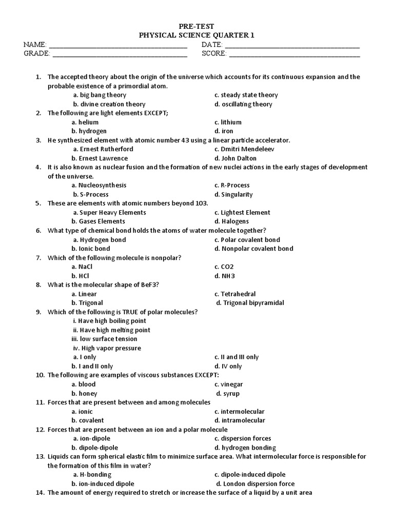 Physical Science Pre-Test Questions | PDF | Intermolecular Force ...