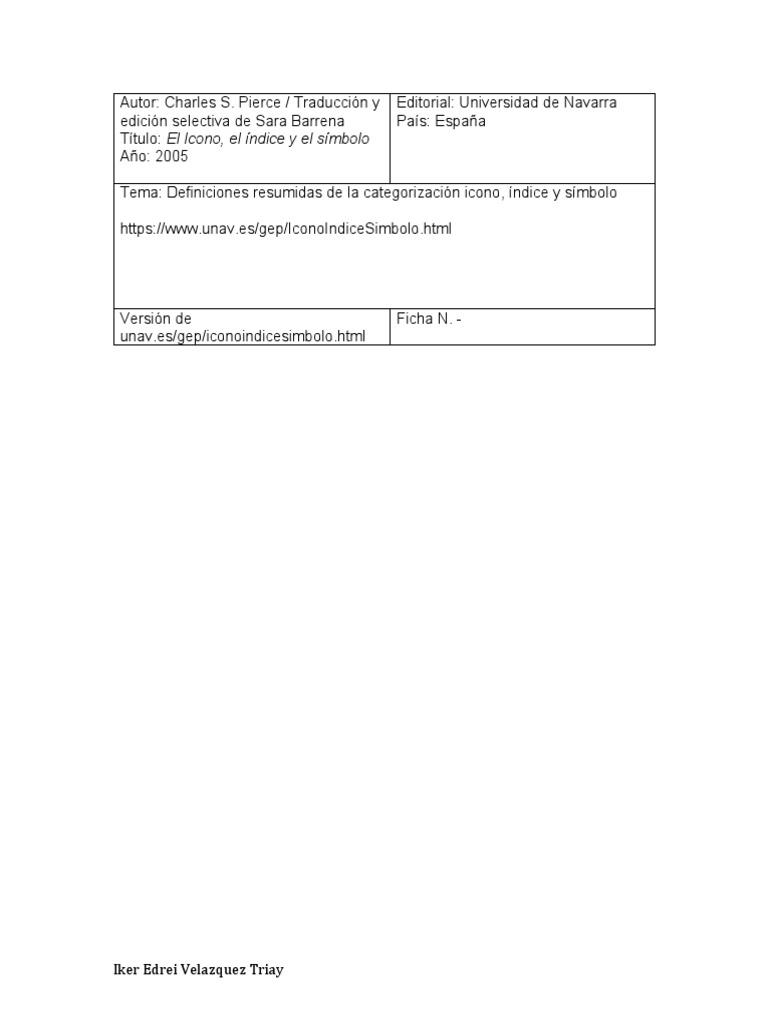 Ficha Muy Resumida de Icono, Indice y Simbolo Pierce | PDF